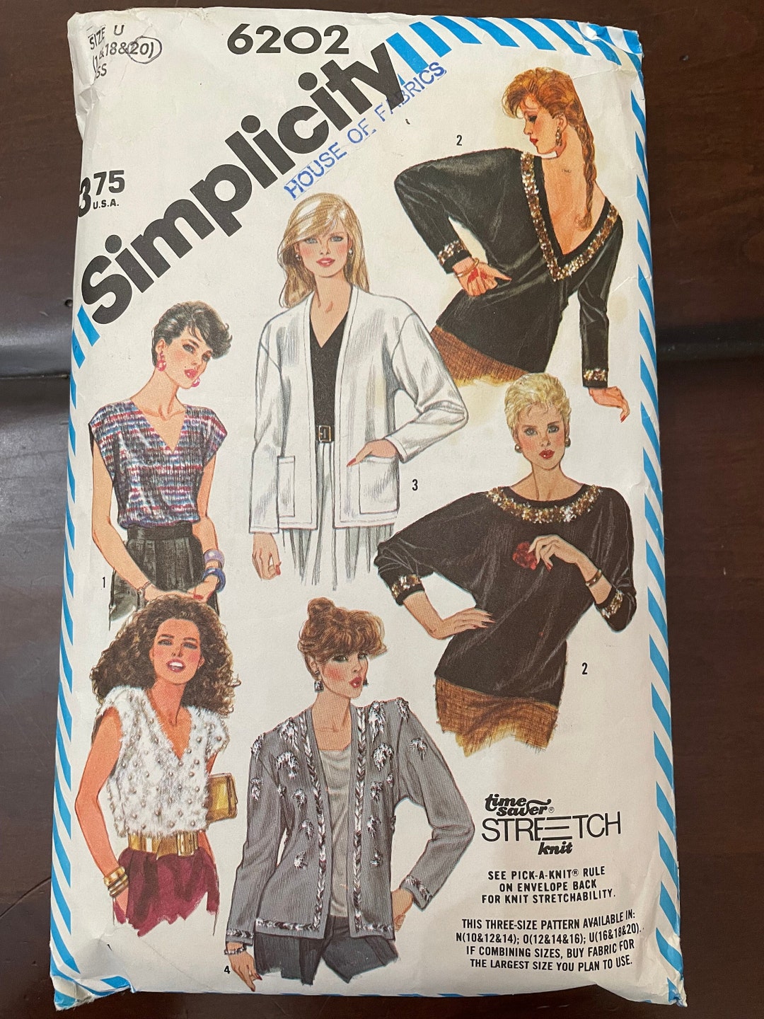 Simplicity 6202 Pattern CUT Complete 1980s Vintage Pullover Top V or ...