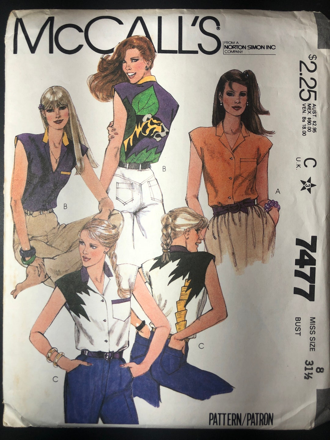 Mccalls 7477 Pattern UNCUT 1980s Vintage Button Front Blouse Notched ...