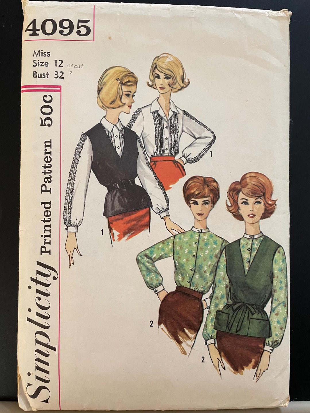 Simplicity 4095 Pattern UNCUT Vintage 1960s Blouse Button Front Long ...