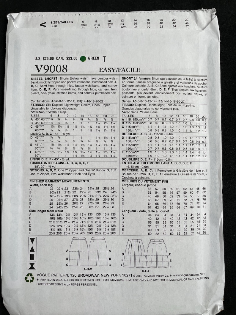 Vogue V9008 9008 Pattern UNCUT Easy Options Shorts Contour Waistband ...