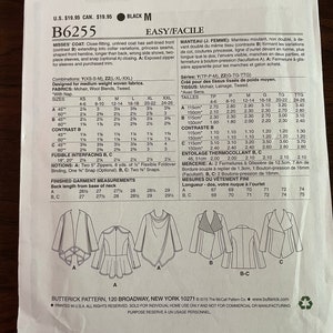 Butterick B6255 6255 Pattern UNCUT Easy Close Fitting Unlined Coat With ...