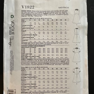 Vogue V1822 1822 Pattern UNCUT Easy Retro 70s A-line Raised Empire ...