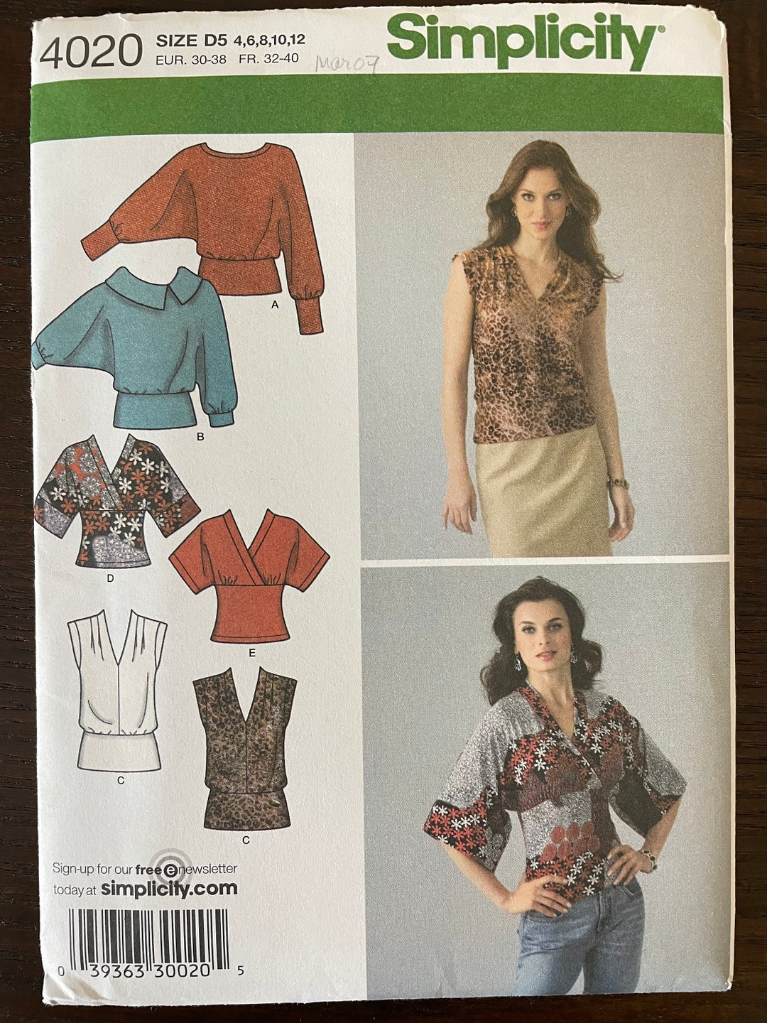 Simplicity 4020 Pattern UNCUT 2000s Pullover Knit Top Dolman Elbow ...