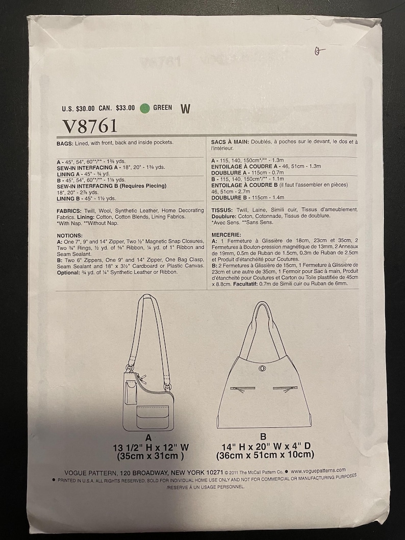 Vogue V8761 8761 Pattern UNCUT Marcy Tilton Accessories Lined Bag ...