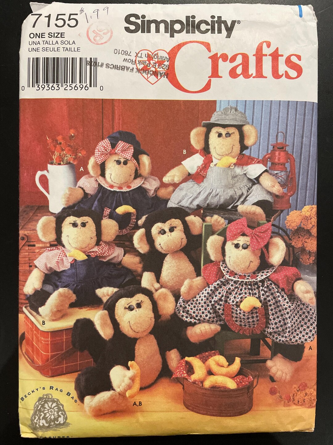 Simplicity 7155 Pattern UNCUT Monkey Chimpanzee Family Stuffed Plush ...