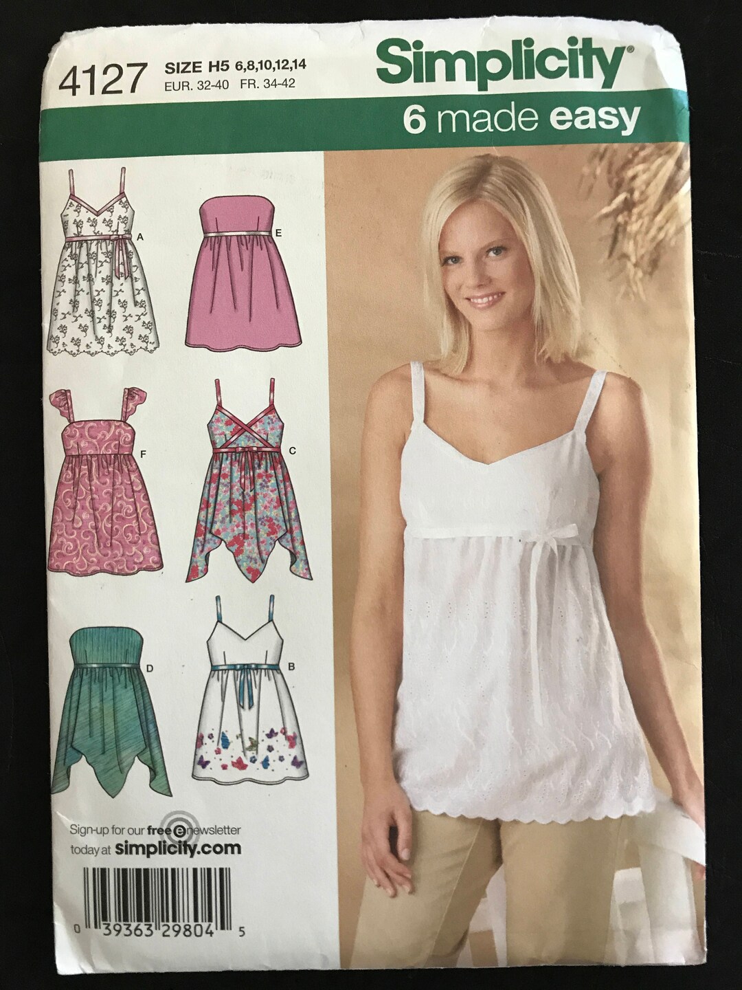 Simplicity 4127 Pattern UNCUT Easy Sleeveless or Strapless Summer Top Raised Waist Handkerchief ...