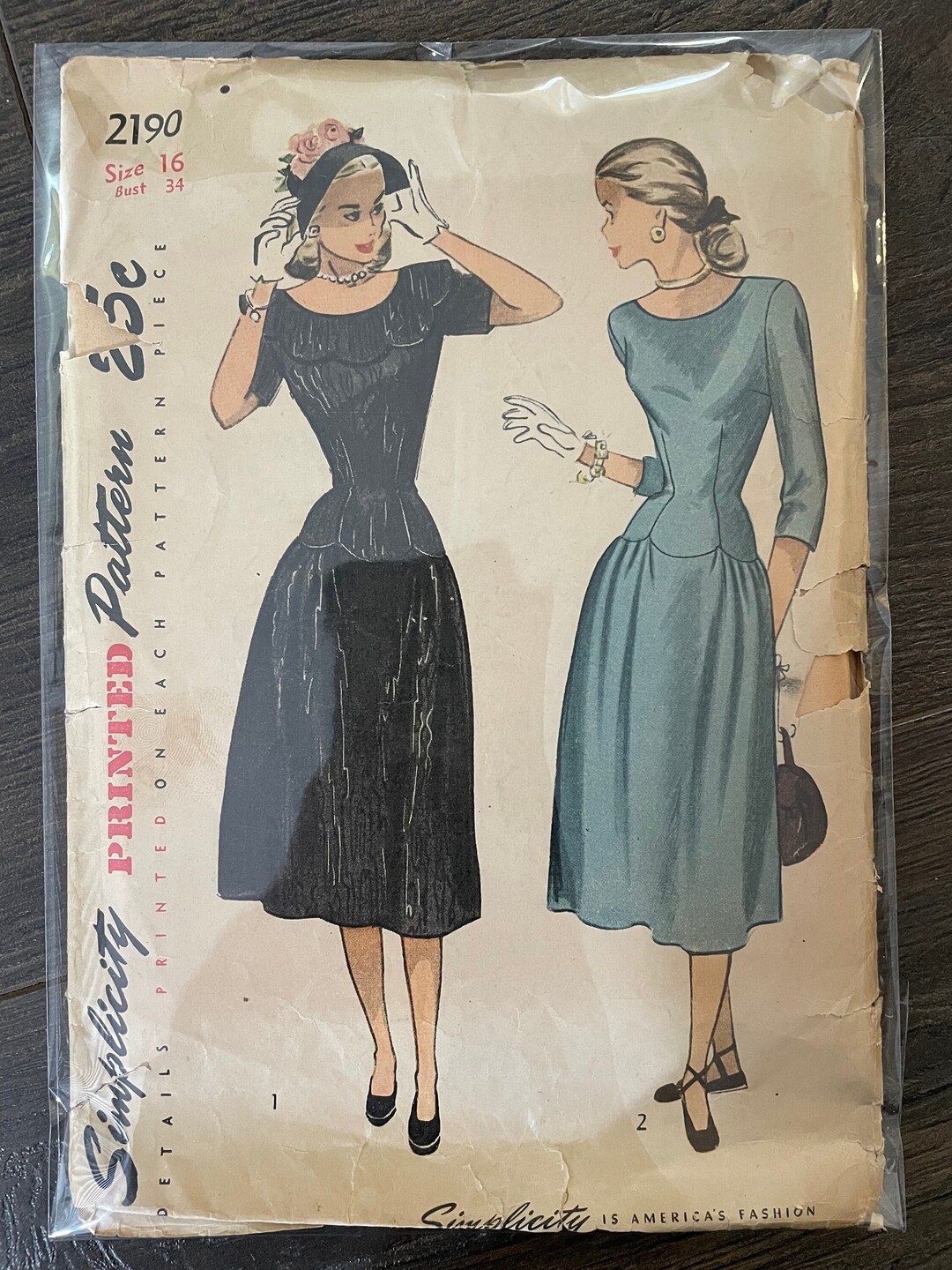 Simplicity 2190 Pattern CUT Complete 1940s Vintage Scoop Neck Dress ...