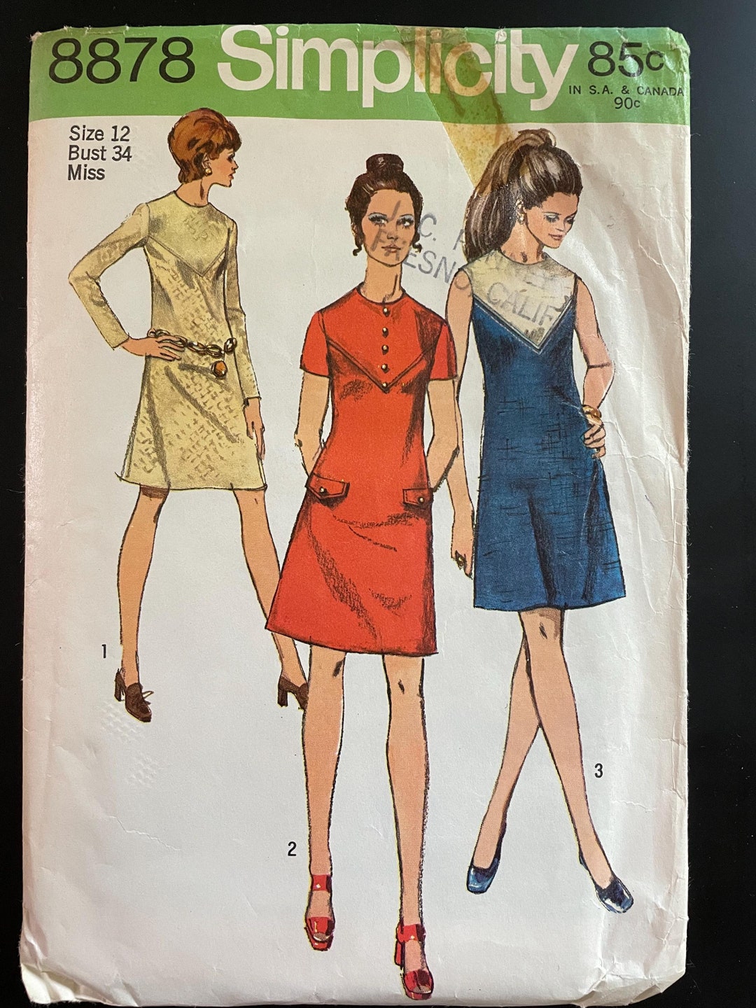 Simplicity 8878 Pattern CUT Complete 1970s Vintage A-line Pointed Yoke ...