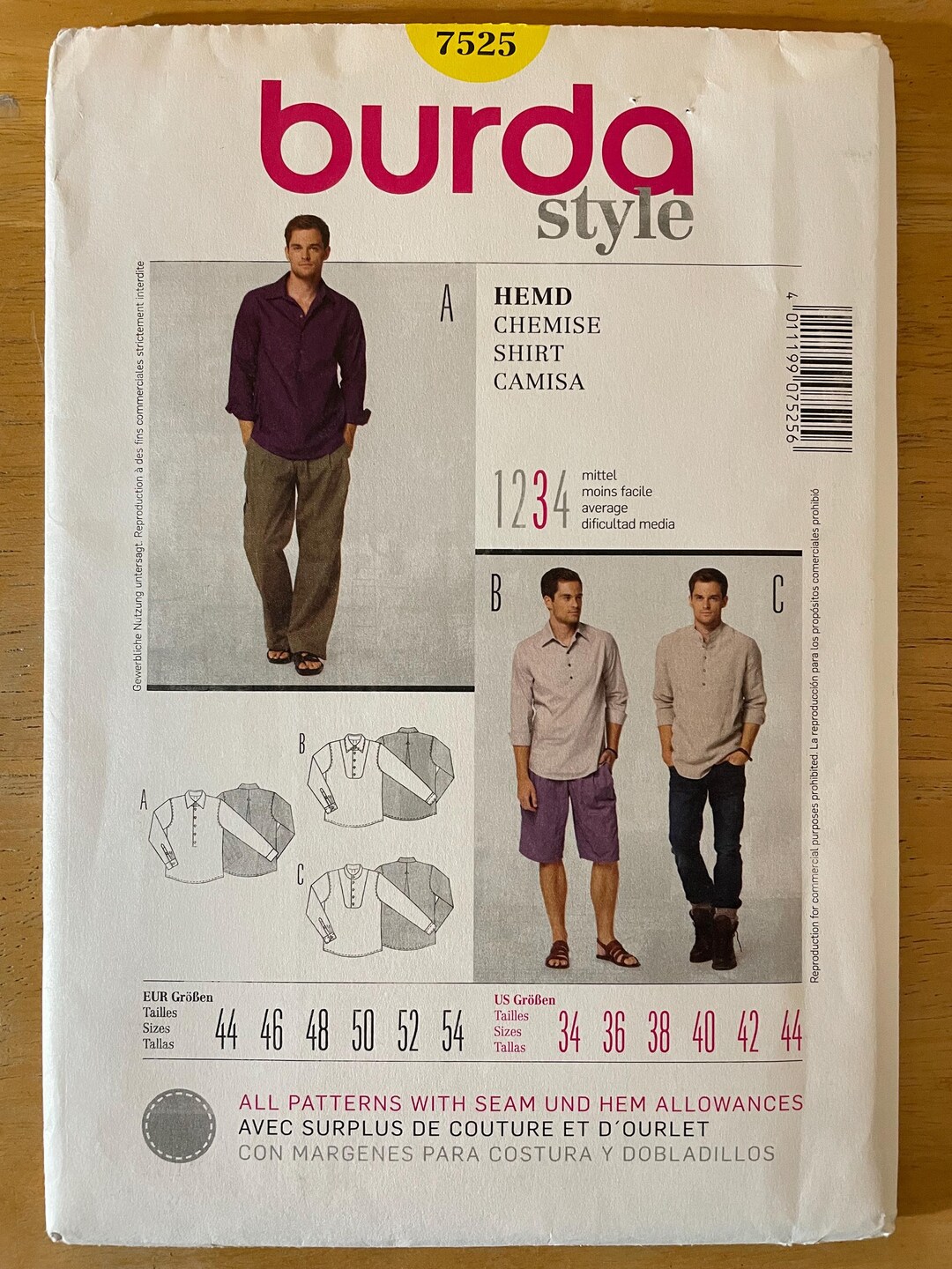 Burda 7525 Pattern UNCUT Style Mens Button Front Henley Shirt Long ...