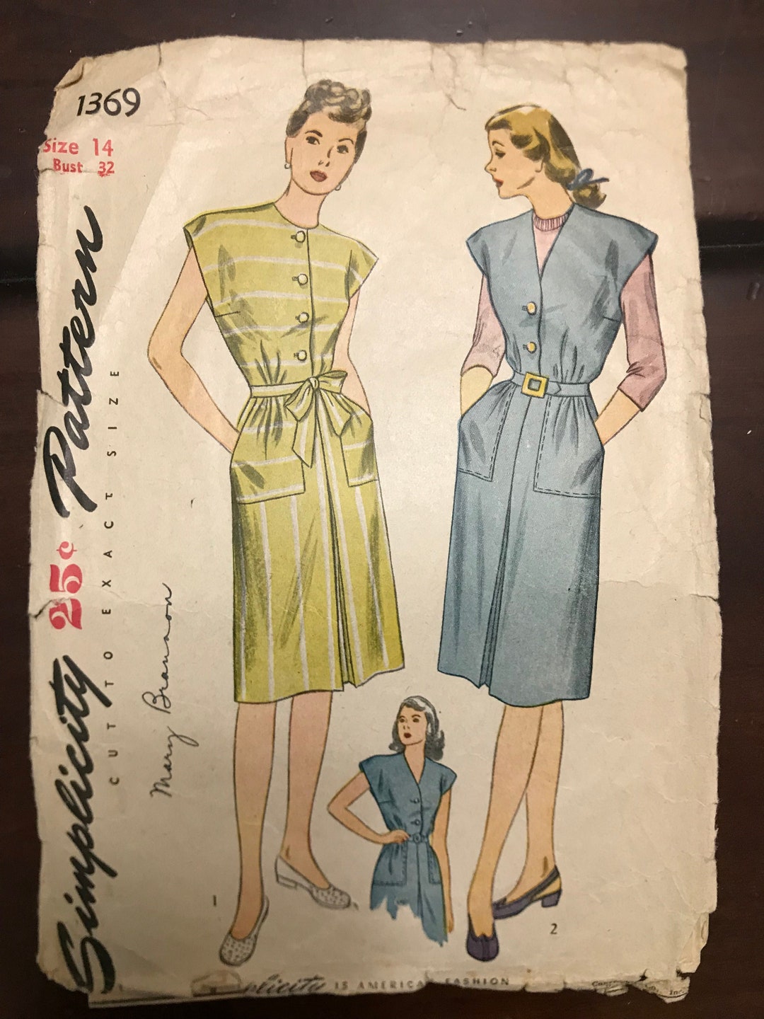 Simplicity 1369 Pattern CUT Complete 1940s Vintage Button Front Dress ...