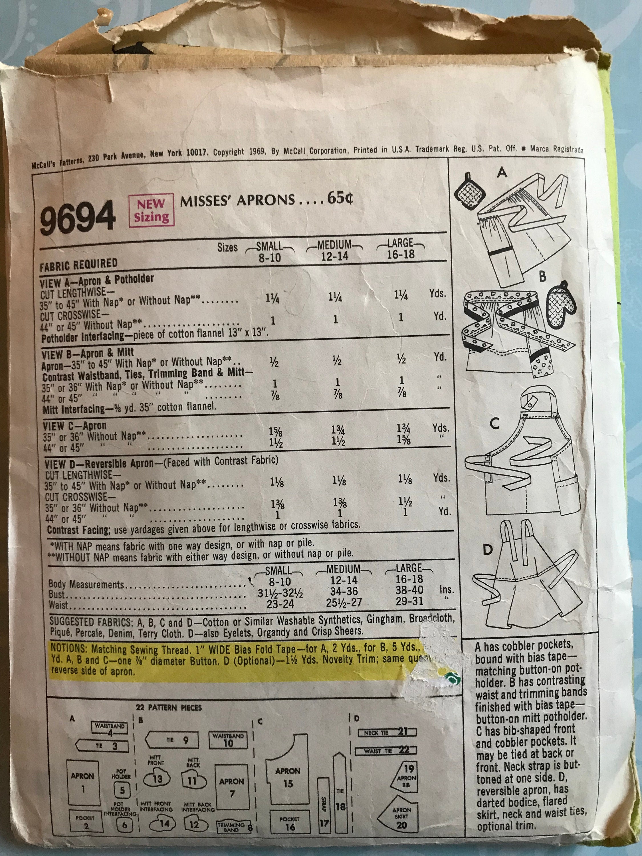 Mccalls 9694 Pattern CUT Complete 1960s Full or Half Apron - Etsy