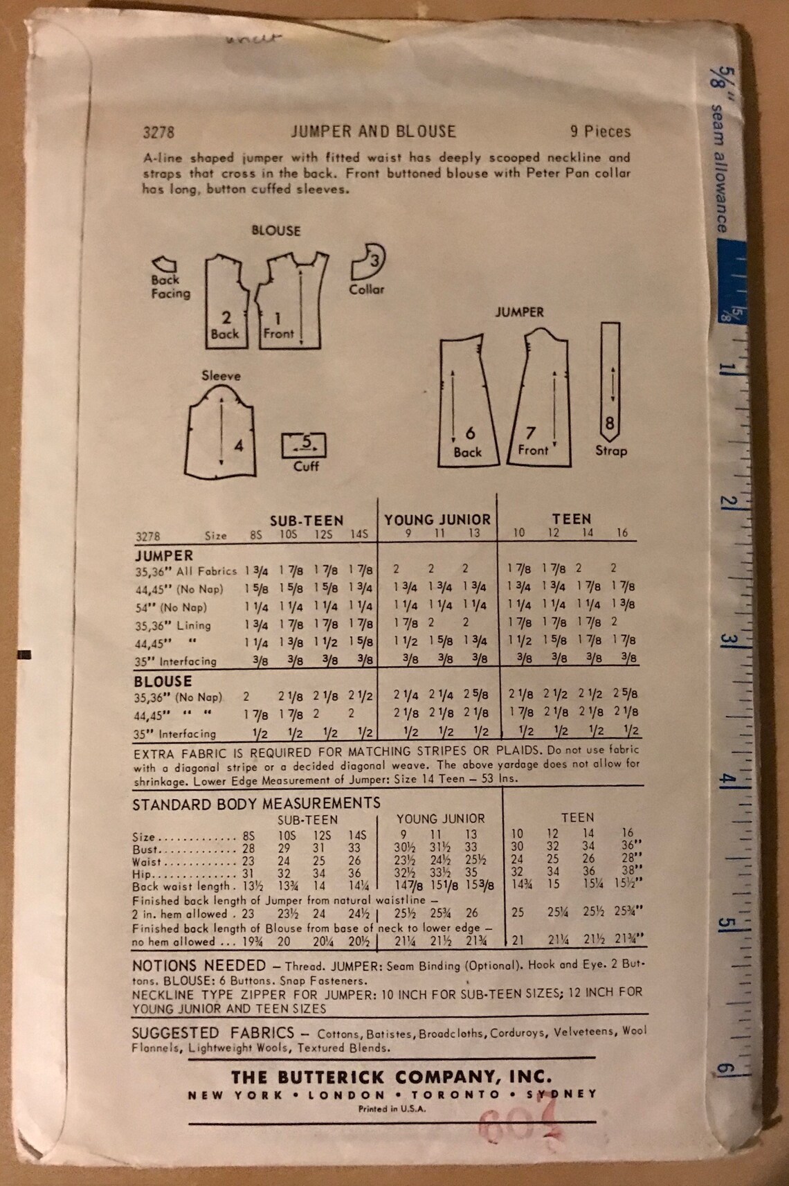 Butterick 3278 Pattern UNCUT 1960s Teens Deep Scoop Neck - Etsy