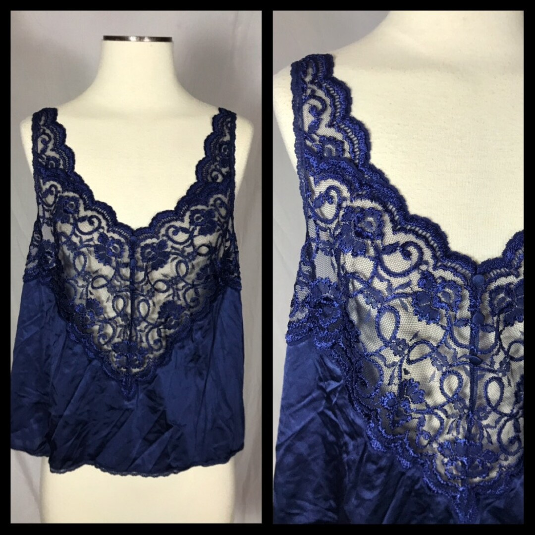 Vintage Cabernet Lingerie Navy Blue Nylon Camisole With Sheer Lace ...