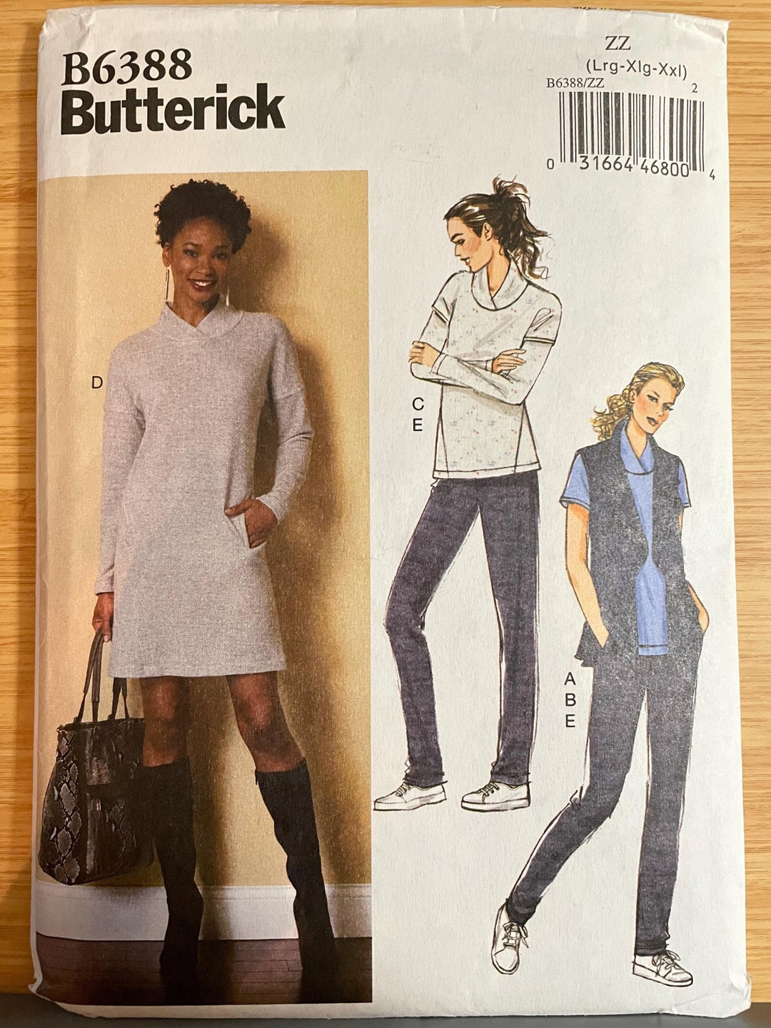 Butterick B6388 6388 Pattern UNCUT Easy Long Short Sleeved Top Standing Collar Dropped Shoulders ...