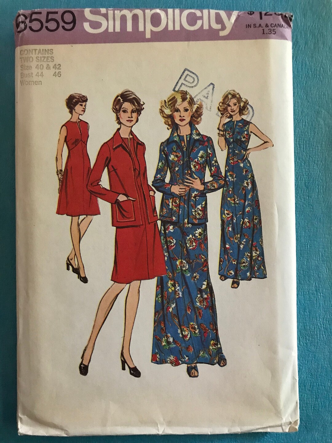Simplicity 6559 Pattern Uncut Vintage 1970s Knee Maxi Length Dress Shaped Raised Waist Slit ...