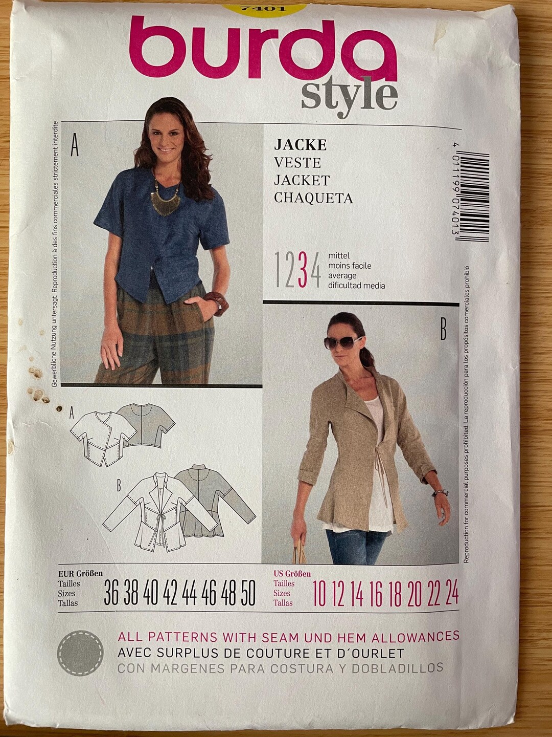 Burda 7401 Pattern UNCUT Semi Fitted Jacket Short Waisted Longline Fold ...