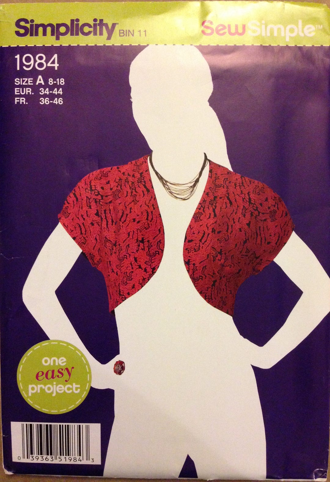 Simplicity 1984 Pattern UNCUT Bolero Jacket Shrug With Band Collar Edge ...