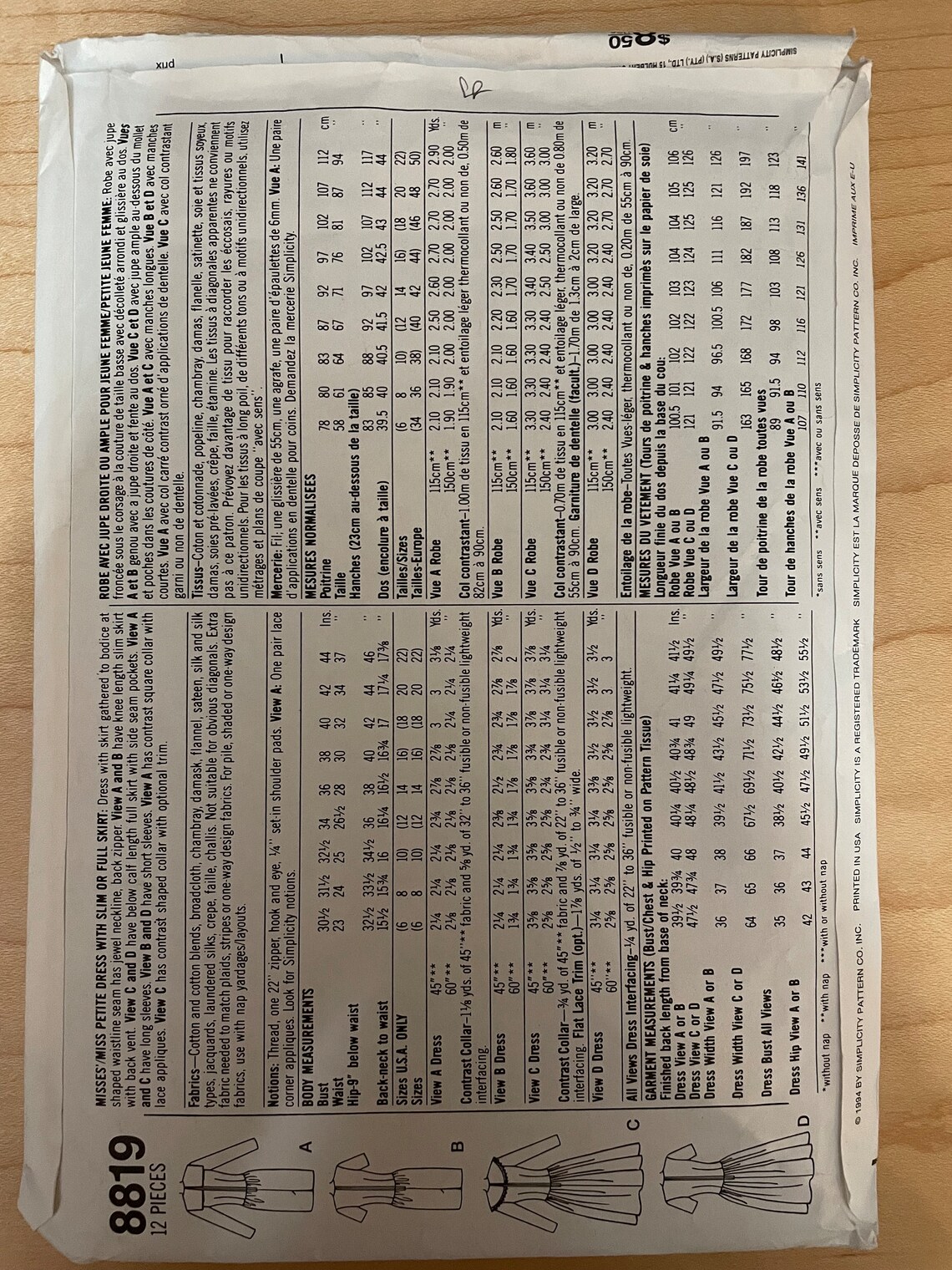 Simplicity 8819 Pattern UNCUT 1990s Vintage Easy Fitted Bodice - Etsy