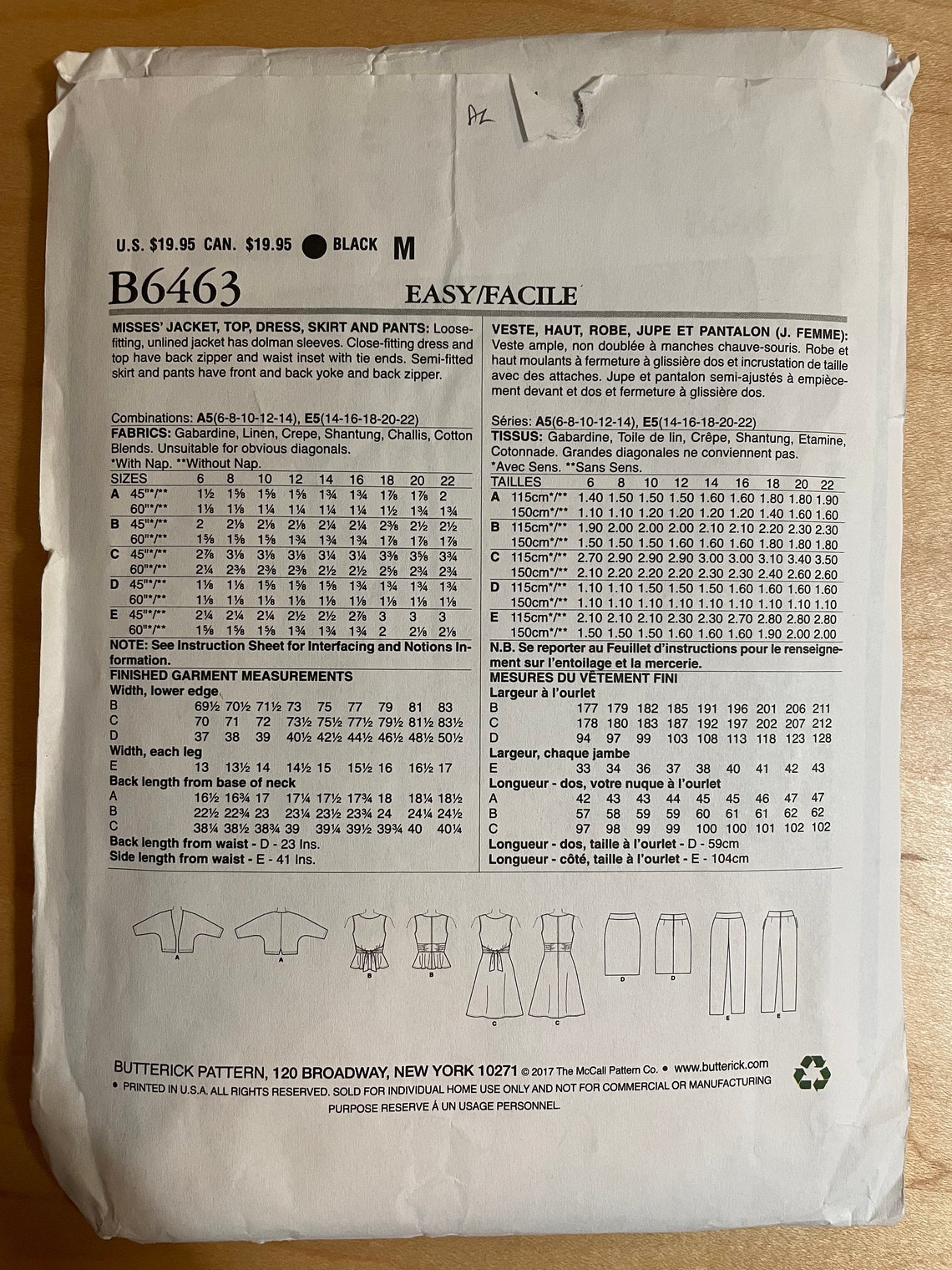 Butterick B6463 6463 Pattern UNCUT Lifestyle Wardrobe Dolman Sleeve ...