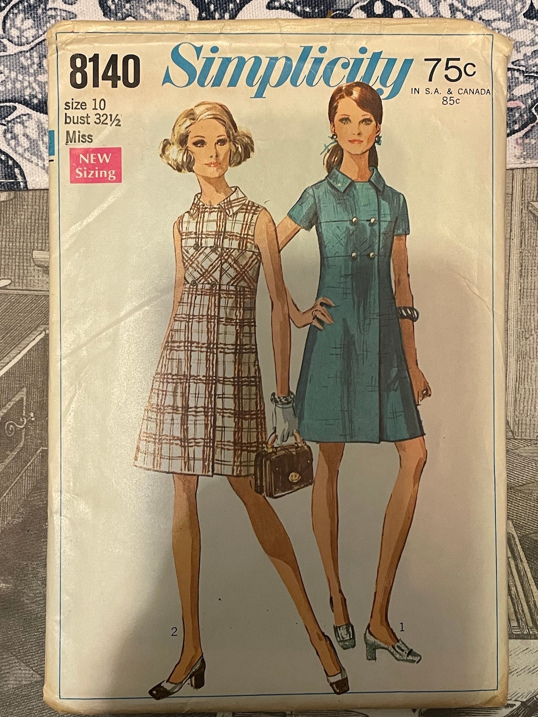 Simplicity 8140 Pattern Vintage 1960s Step in Dress Collar Bias Midriff Pleat Double Breasted ...