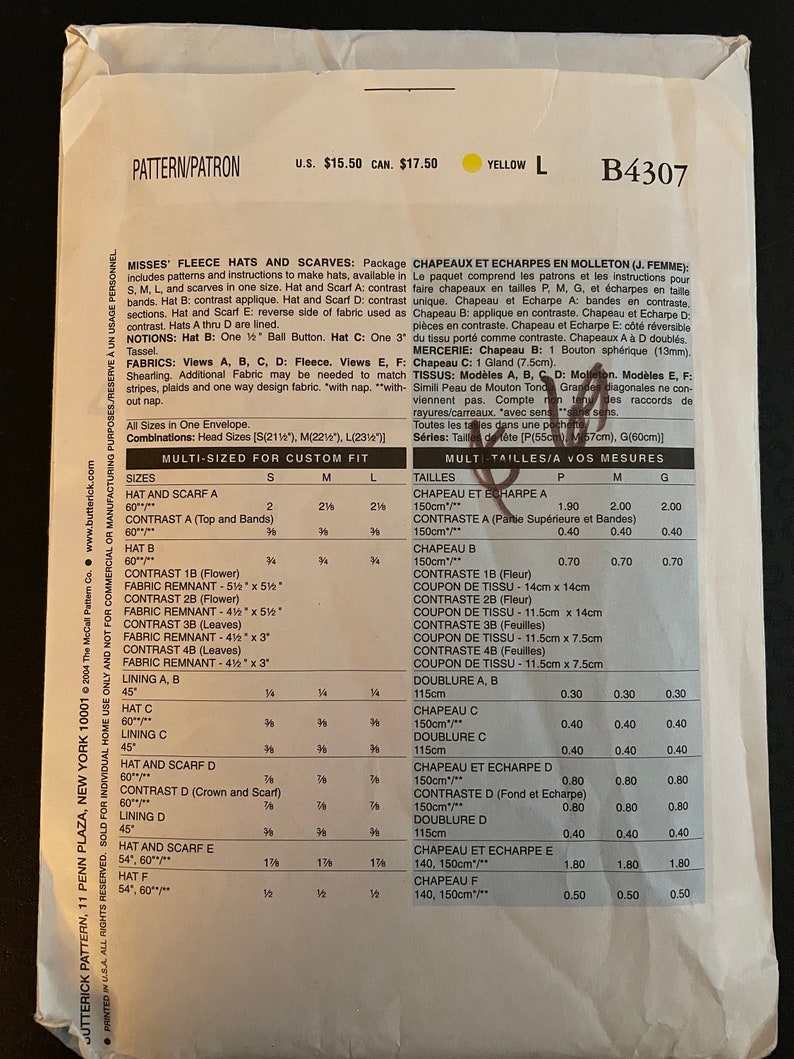 Butterick B4307 4307 Pattern UNCUT Winter Accessories Fleece - Etsy