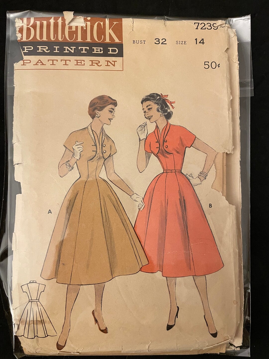 Butterick 7239 Pattern CUT Complete 1950s Vintage Short Sleeve Princess ...