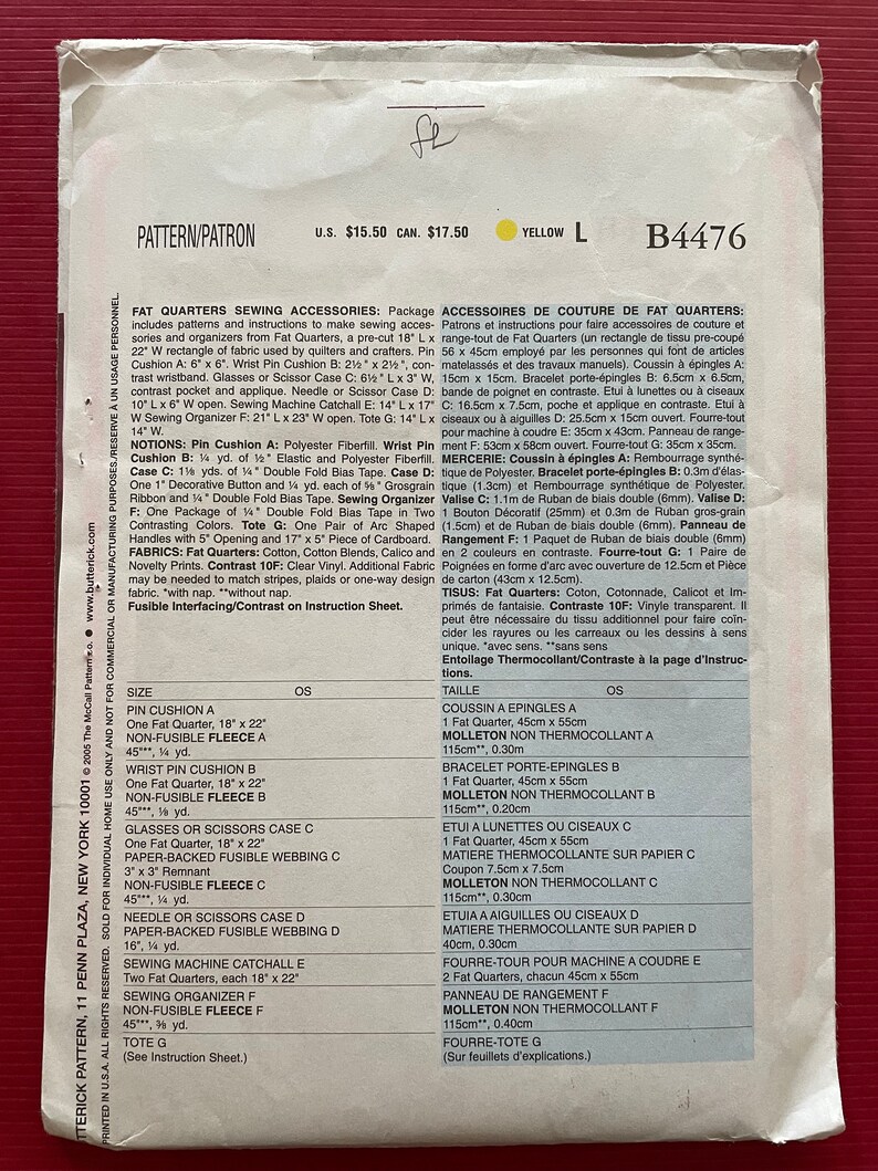 Butterick B4476 4476 Pattern UNCUT 2000s Fat Quarters Sewing - Etsy