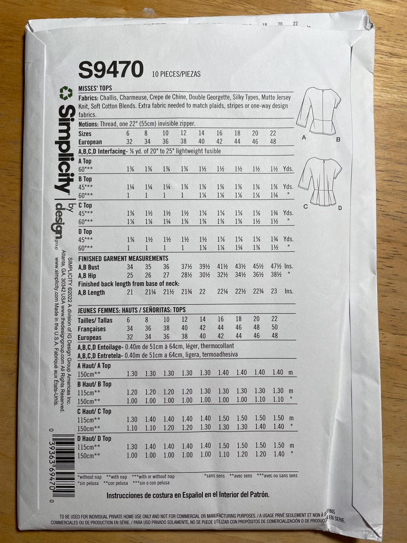 Simplicity S9470 9470 Pattern UNCUT Extended Shoulder Peplum Top Short ...