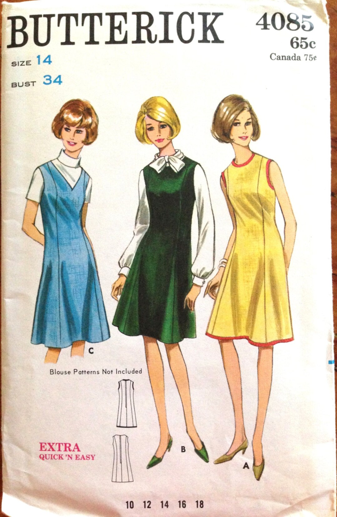 Butterick 4085 Pattern - 1960s A-line Sleeveless Dress or Jumper Crew ...