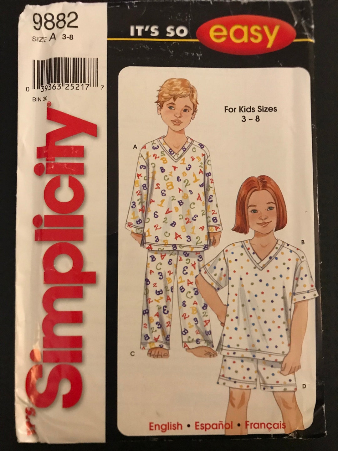 Simplicity 9882 Pattern UNCUT Easy to Sew Kid's Pajama Set V Neck Long ...
