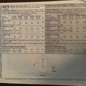 Mccalls 8575 Pattern UNCUT Easy Mens Band Collar Button Down Shirt ...