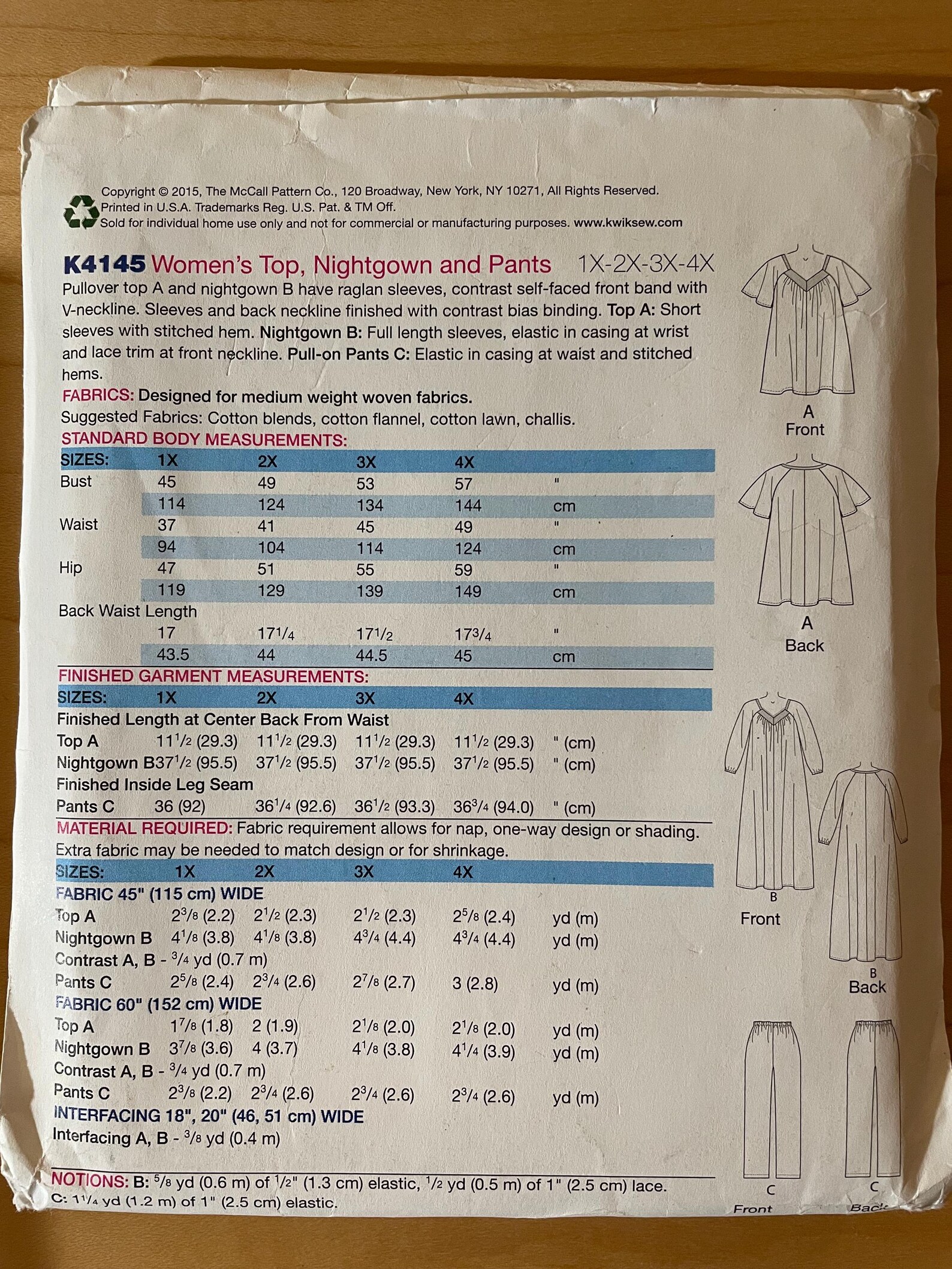 Kwik Sew K4145 4145 Pattern UNCUT Plus Size Pajama Set Long Short ...