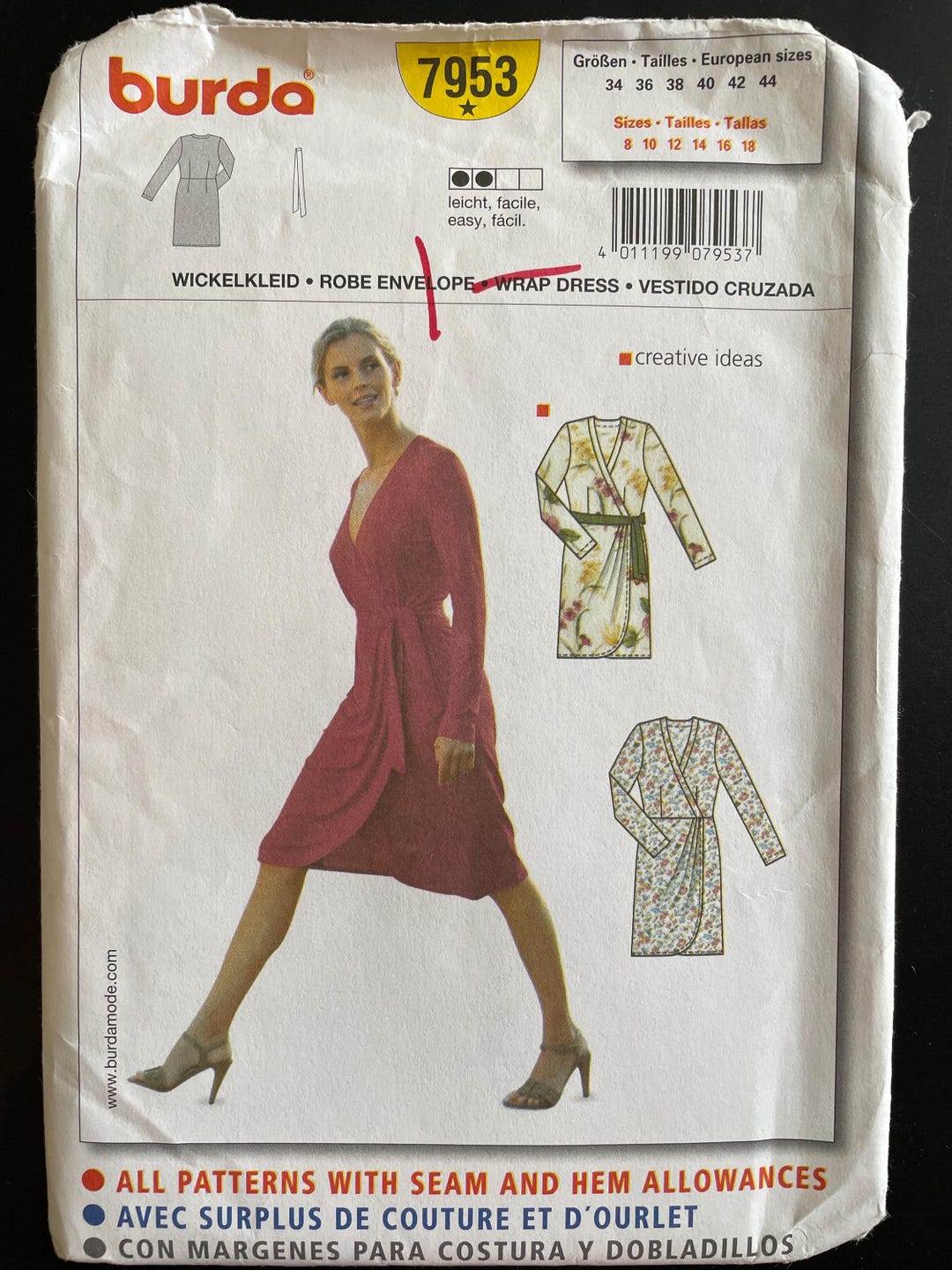 Burda 7953 Pattern UNCUT Surplice Bodice Wrap Dress Long Sleeves Raised ...
