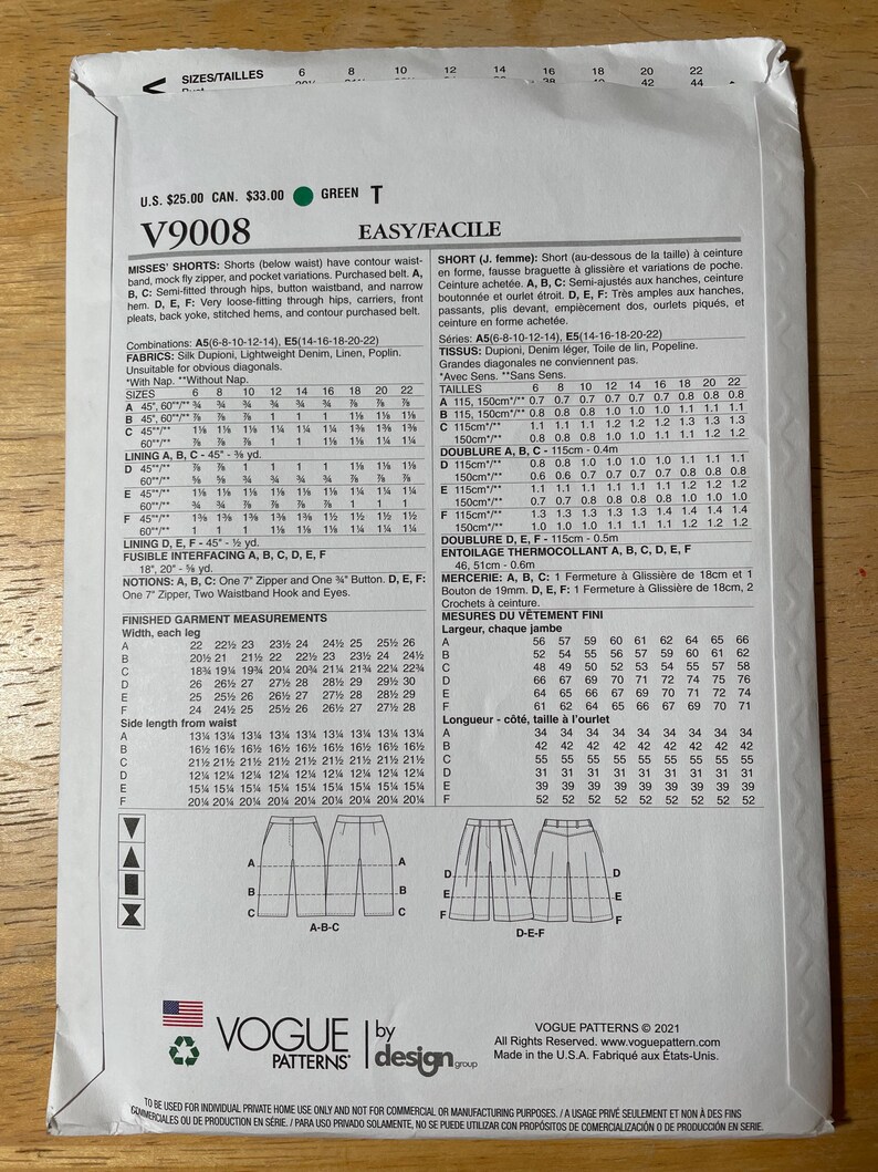 Vogue V9008 9008 Pattern UNCUT Easy Options Shorts Contour Waistband ...