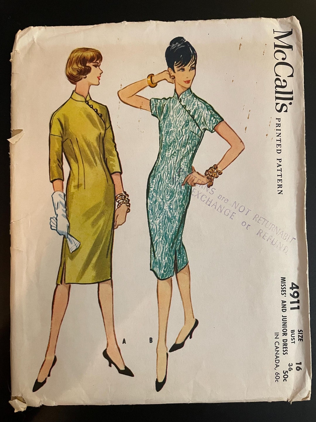 Mccalls 4911 Pattern UNCUT 1950s Asian Fusion Cheongsam Style Dress Asymmetrical Closure ...