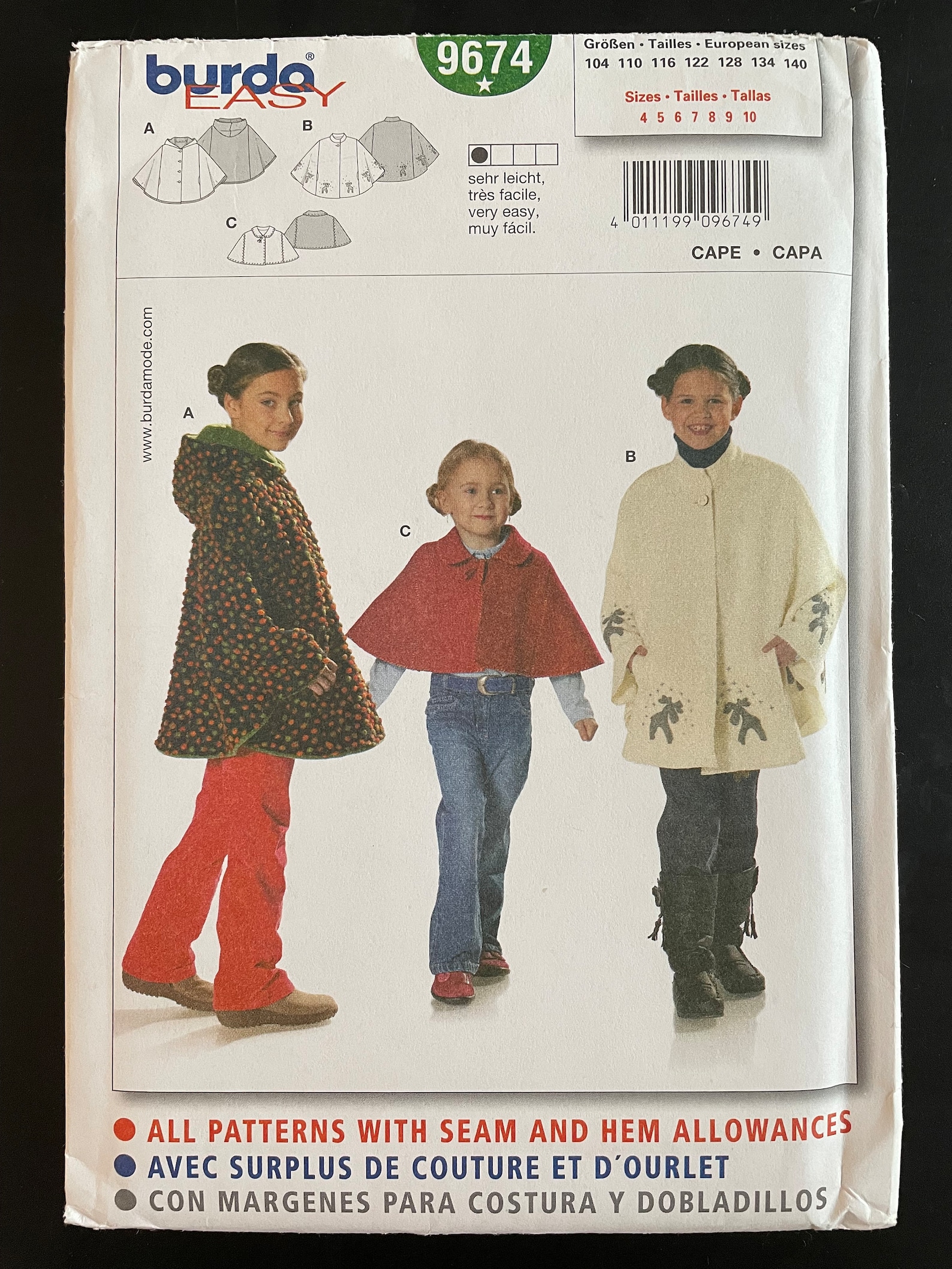 Burda 9674 Pattern Easy Girls Cape or Capelet Stand up or Peter Pan ...