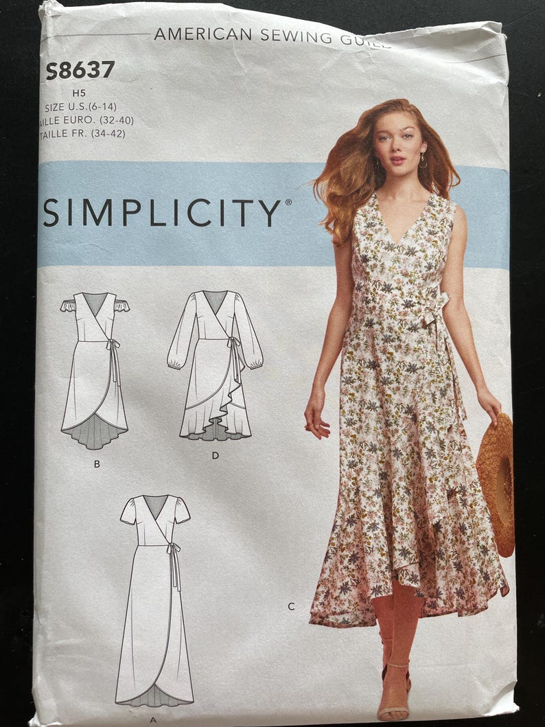 Simplicity 8637 Pattern UNCUT Wrap Dress Side Tie Flounce High Low Hem ...