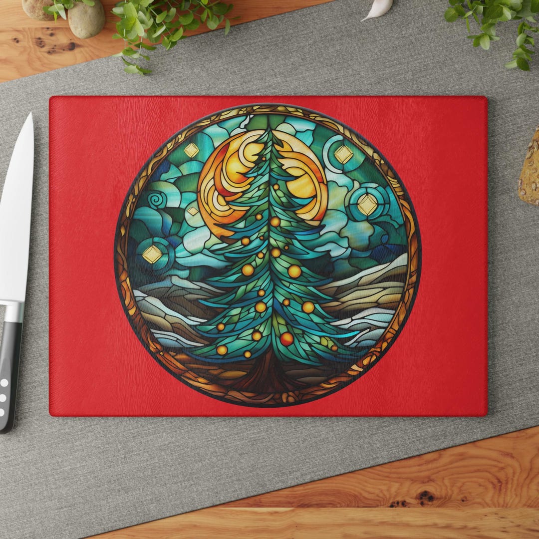 Stained Glass Christmas Tree Glass Cutting Board Kitchen Decor, Holiday ...