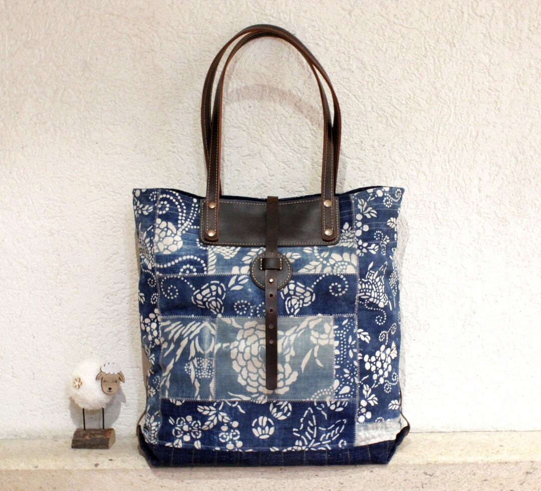 Batik & Leather Tote Bag, Vintage Indigo Bag With Leather Straps ...
