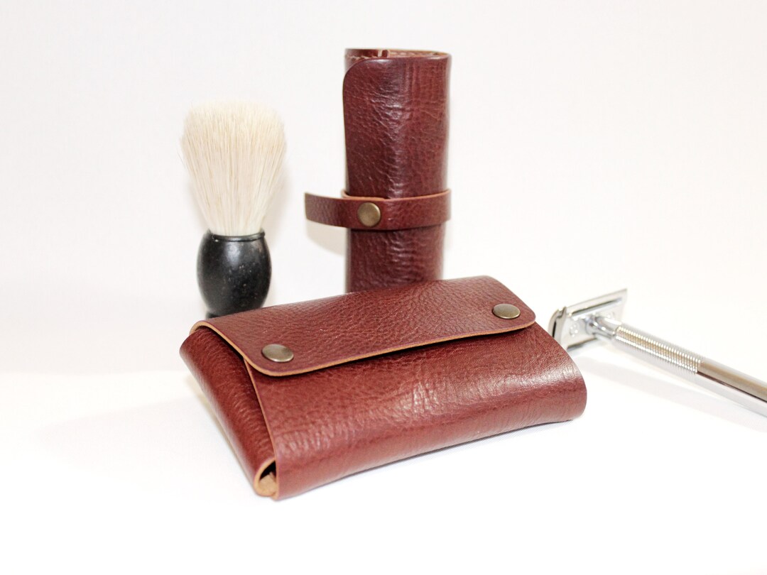 Leather Shaving Kit Holder & Shaving Brush Roll Case, Razor and Brush ...