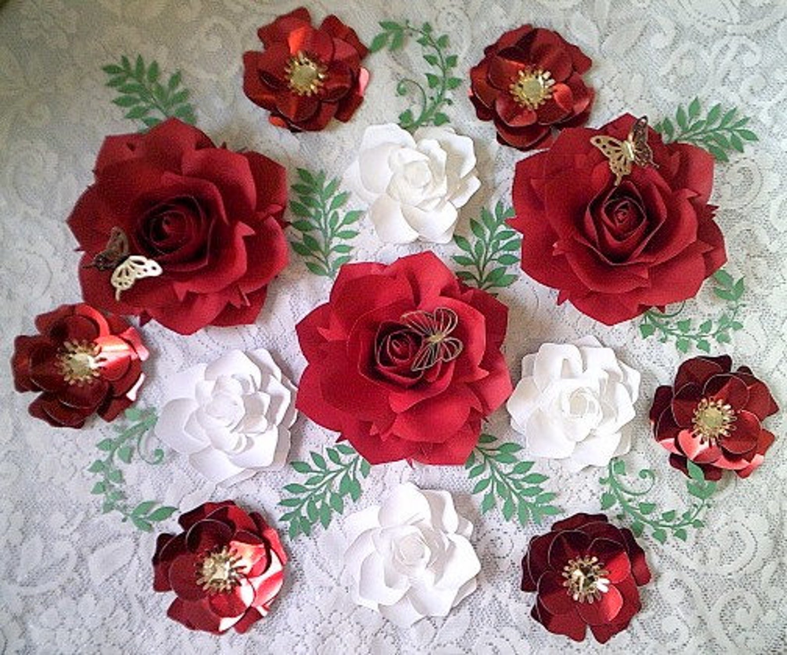 13pc Red Paper Roses With Gardenias Butterflies Set Wall - Etsy