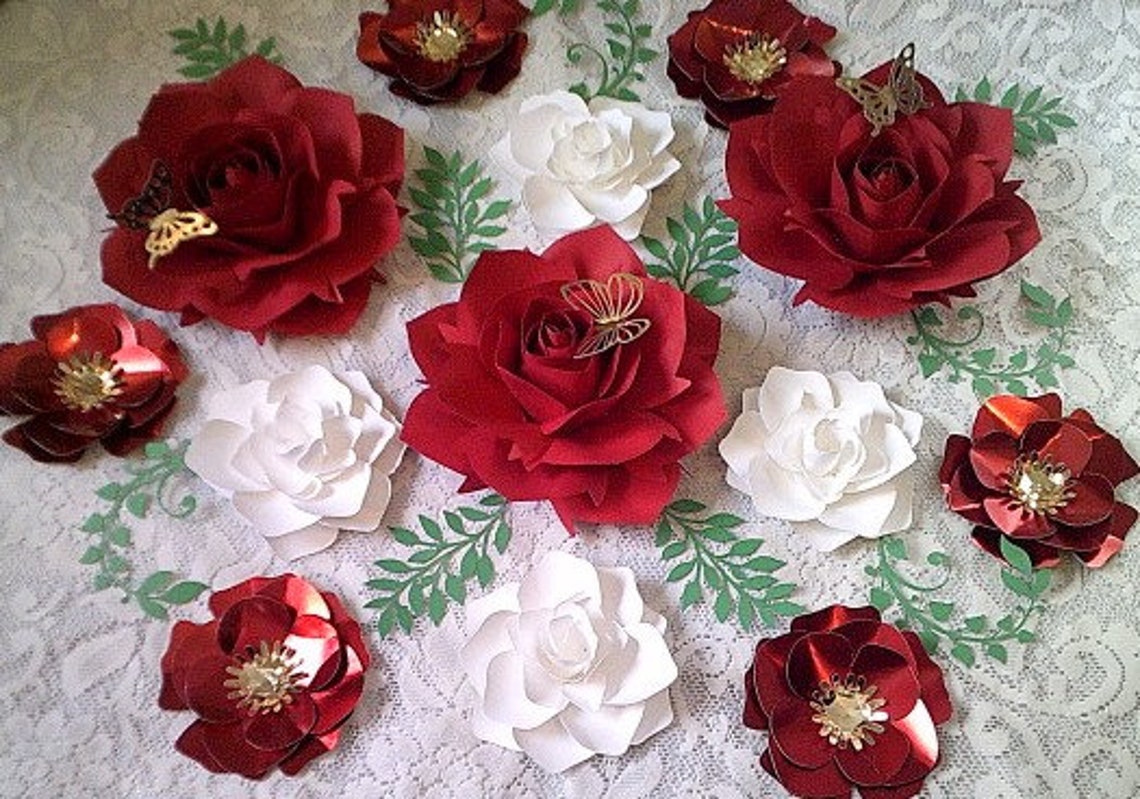 13pc Red Paper Roses With Gardenias Butterflies Set Wall - Etsy