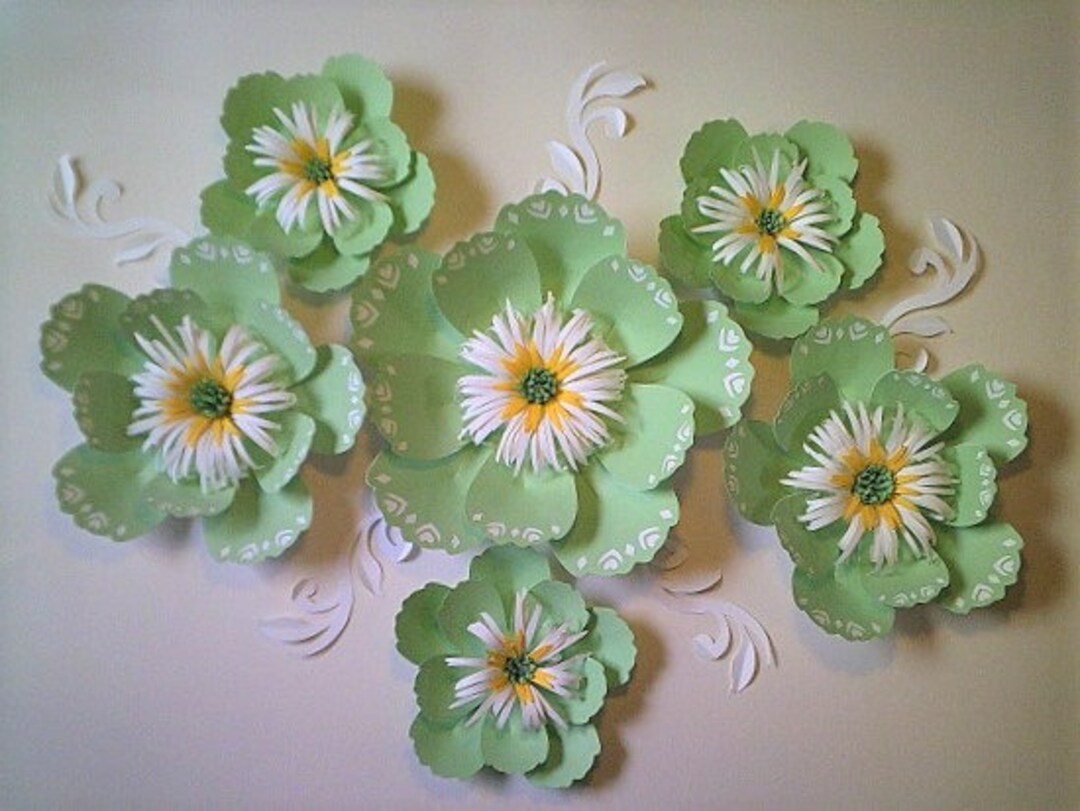 6 Pc Paper Flowers Mint Green and White Paper Flowers With White Leaves ...
