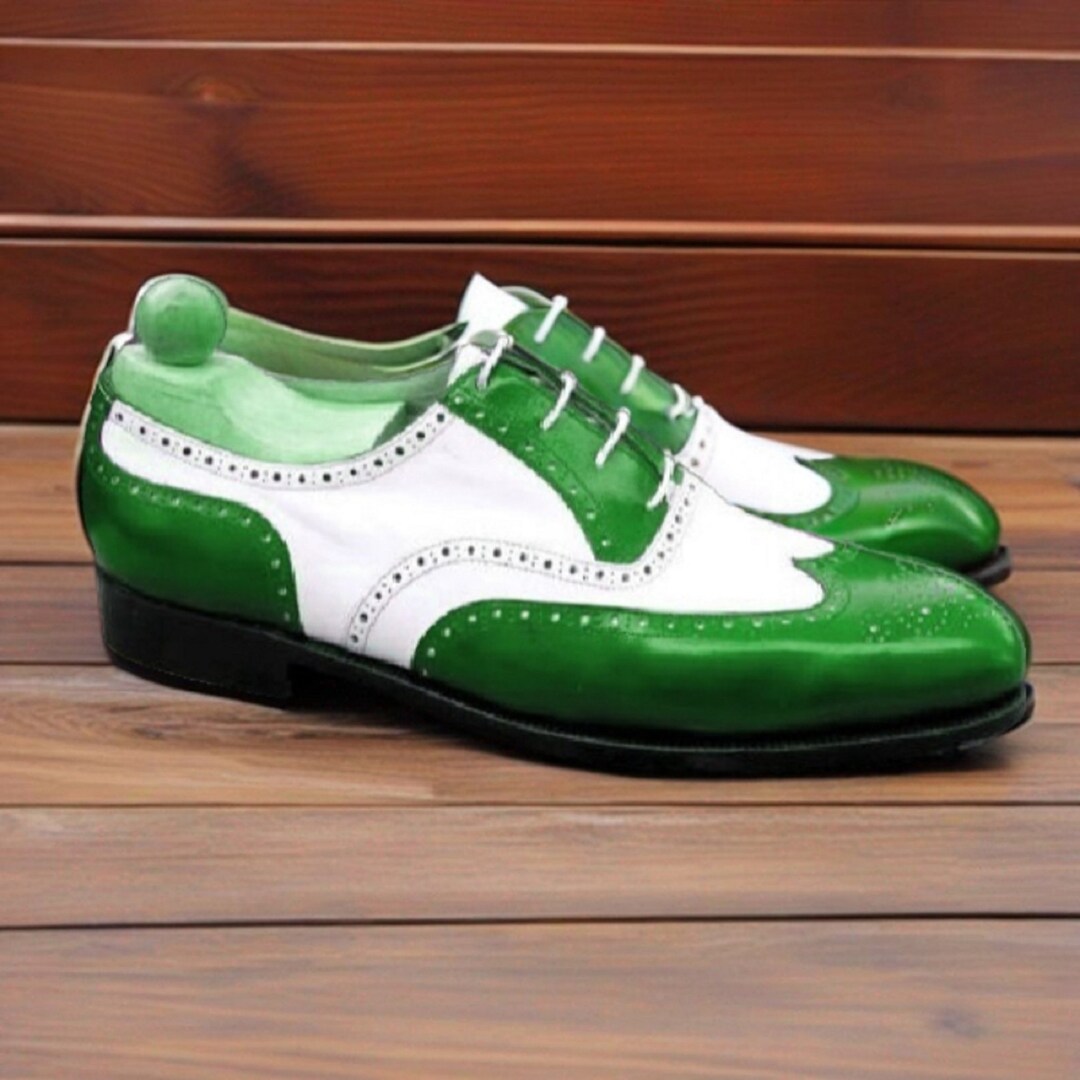 Handmade Men Two Tone White Green Wing Tip Brogue Toe Vintage Leather ...
