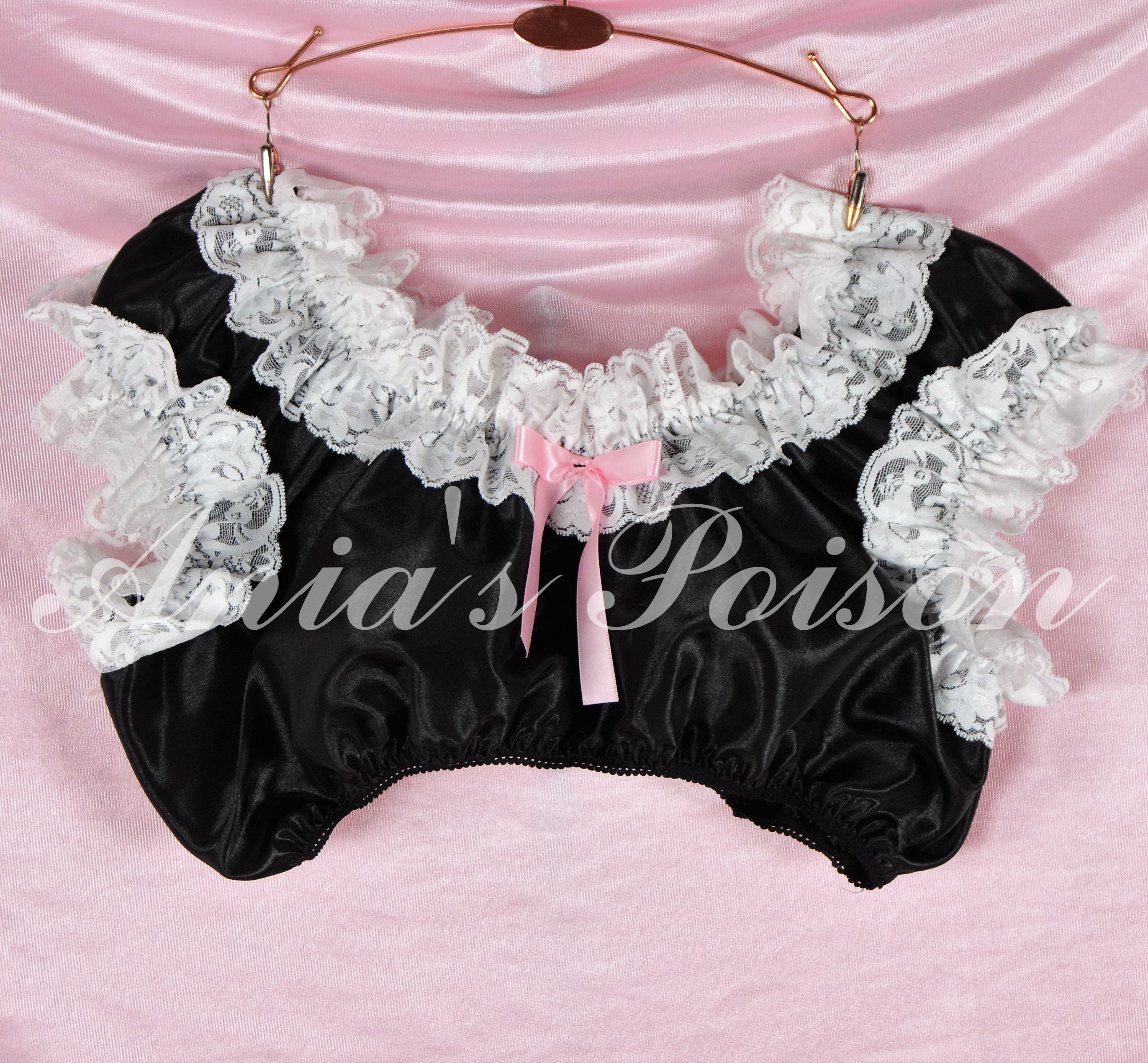 Sissy Black Taffeta Little Maid Cosplay Shiny Lacy Ruffled Super Pull ...
