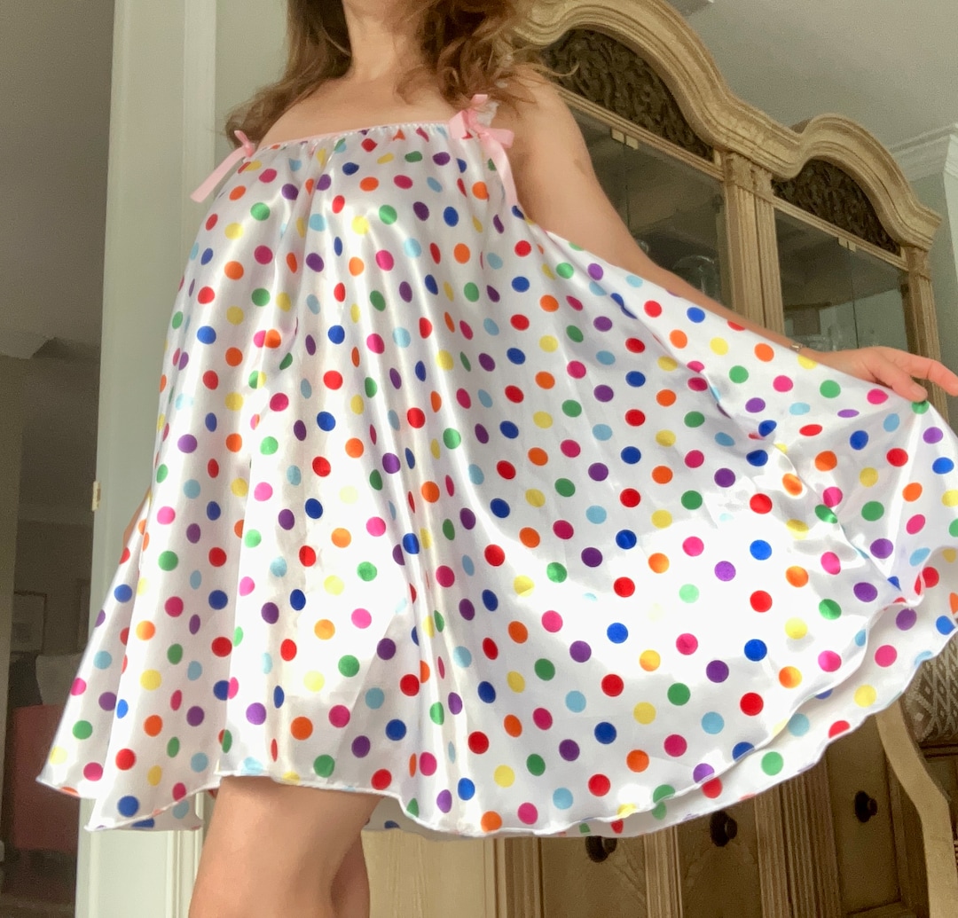 Rainbow Polka Dot SATIN Silky Smooth Extra Shine Polyester Wetlook ...