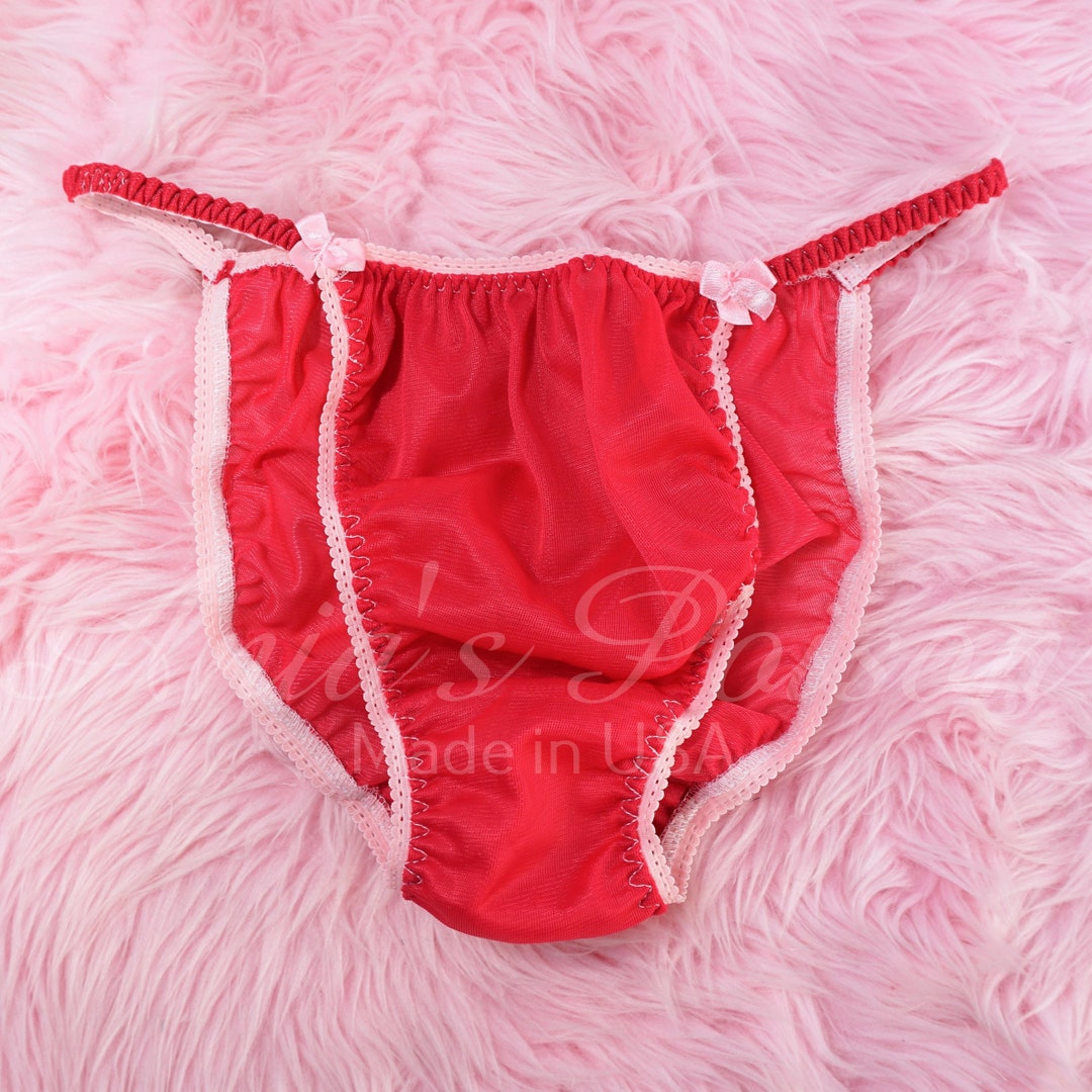 Vintage Style String Bikini ALL Nylon Sheer Tricot Hot Pink Shiny Sissy ...