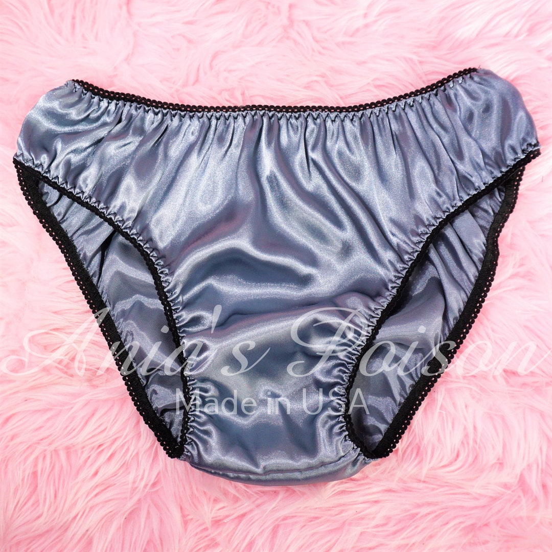 Smoky Blue Gray Shiny Satin Hipster Full Cut Bikini Sissy Mens Lined