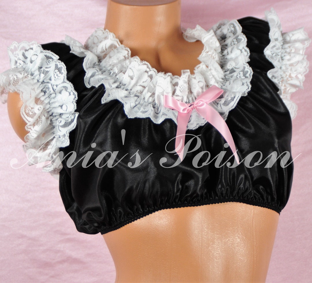 Sissy Black Taffeta Little Maid Cosplay Shiny Lacy Ruffled Super Pull ...
