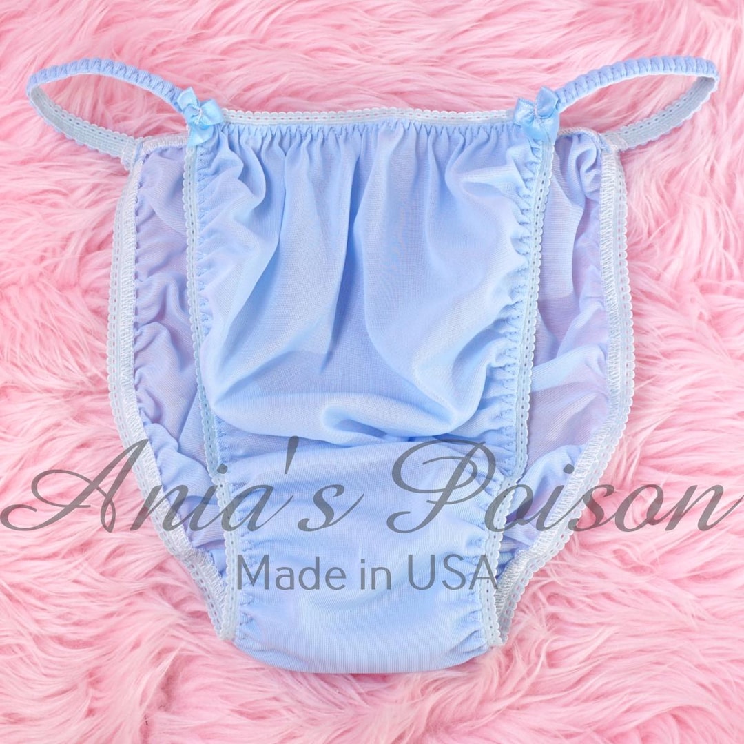 Vintage Style String Bikini Soft ALL Nylon Tricot Baby Blue Shiny Sissy ...